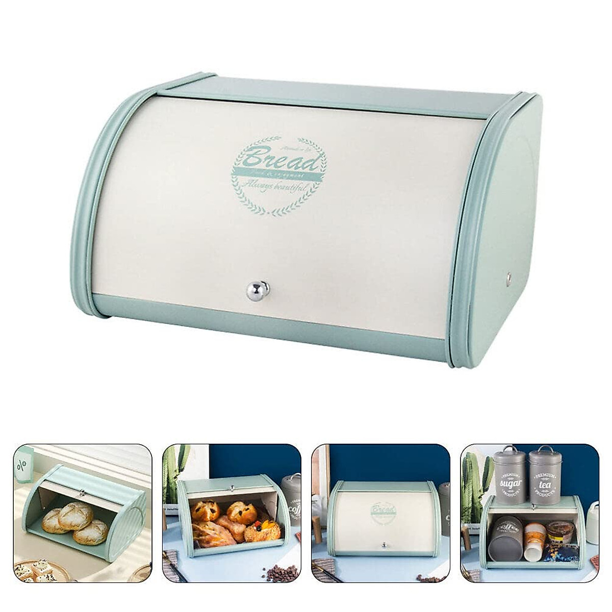 Bread Bin Roll Top Bread Box Metal Bread Case Bread Storage Bin Container Farmhouse Bread Dispenser Large Capacity Fingerprint Proof for Kitchen Counter Bread Storage Container