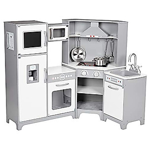 Amazon Basics Kids Corner Wooden Kitchen Toy Playset with Stove, Oven, Sink, Fridge and Accessories, for Toddlers, Preschoolers, Children Age 3+ Years, White & Gray, 39.37"L x 28.35"W x 35.04"H