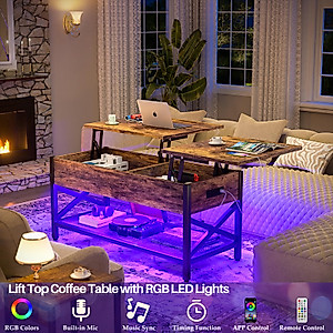 Aheaplus Coffee Table, Lift Top Coffee Table with LED Light and Power Outlet, Modern Lift-Top Center Table with Storage Shelf, for Living Room with Lift Tabletop, X Support Metal Frame, Rustic Brown