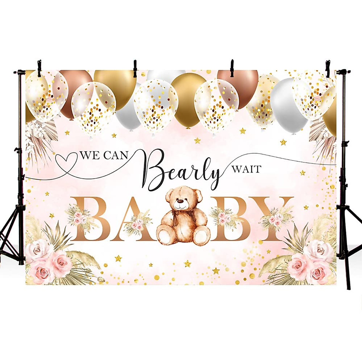ABLIN 7x5ft Boho Bear Baby Shower Backdrop We can Bearly Wait Baby Shower Decorations Brown Balloons Flowers Bohemian Theme Photography Background Baby Shower Party Supplies