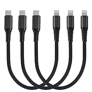 [Apple MFi Certified] Short USB-C to Lightning Cable (3Pack 0.6FT), iPhone Fast Charger Power Delivery Charging Nylon Braided Cord High Speed Data Sync for iPhone 14 13 12 11Pro XS XR X 8 iPad (Black)