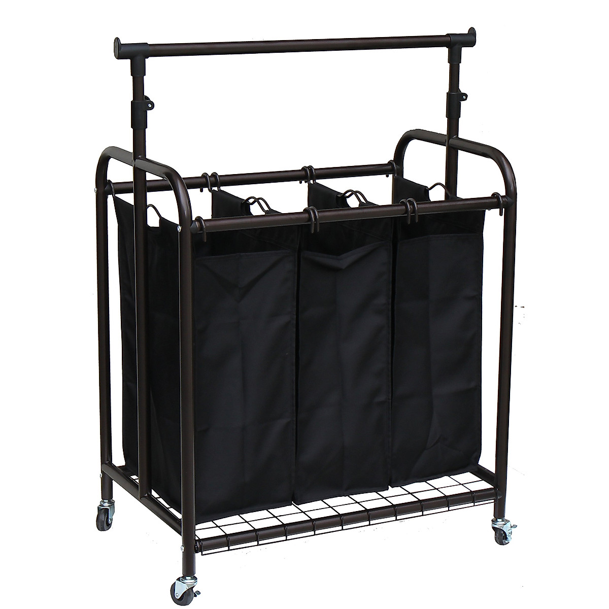 Oceanstar 3-Bag Rolling Adjustable Hanging Bar Laundry Sorter, Bronze