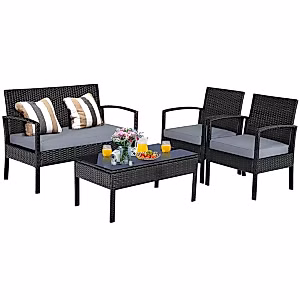 DORTALA 4 Piece Patio Furniture Set, Outdoor Rattan Wicker Conversation Set with Cushion & Coffee Table, Chairs and Table Set for Courtyard Balcony Garden, Black