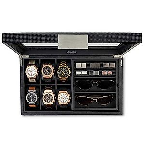 Glenor Co Valet Jewelry Box for Men - Holds 6 Watches, 12 cufflinks, 2 Sunglasses & Tray Storage - Mens Watch Case - CarbonFiber Organizer w Metal Accents, PU Leather & Large Glass Lid - Black