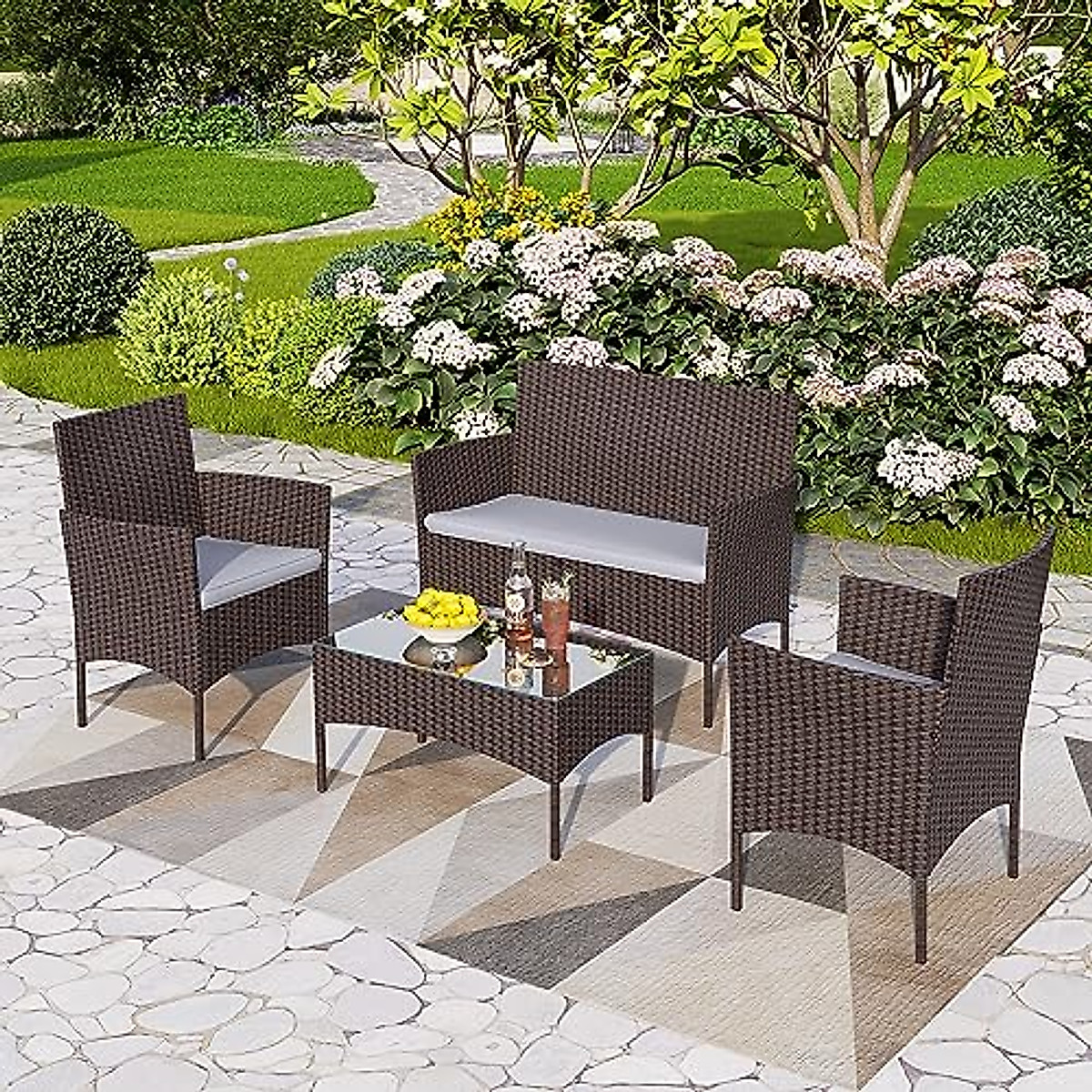 PHI VILLA 4 Pieces Outdoor Furniture Set, Wicker Loveseat & Chairs with Thick Gray Cushions & Glass Coffee Table, Modern Sectional Conversation Sofa Set for Patio, Deck, Yard, Porch