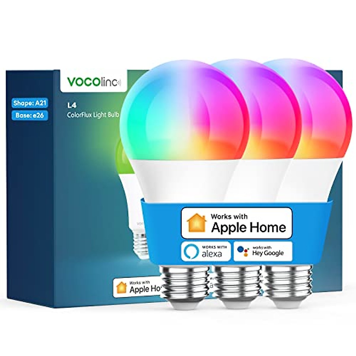 VOCOlinc Smart Light Bulb, 850 Lumens, E26 LED Smart Bulb 60 Watt Equivalent, A21, 2200K-7000K, Color Changing Light Bulb with Apple Homekit, Alexa, Google Home, 3 Pack