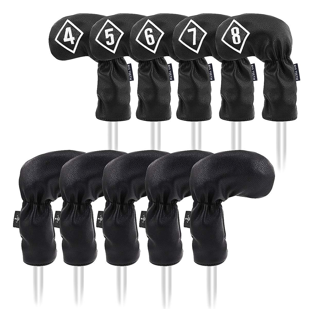 Big Teeth Golf Iron Head Covers 10Pcs Set Long Neck Golf Club Protector Leather with Number Tag fit for Taylormade All Brands