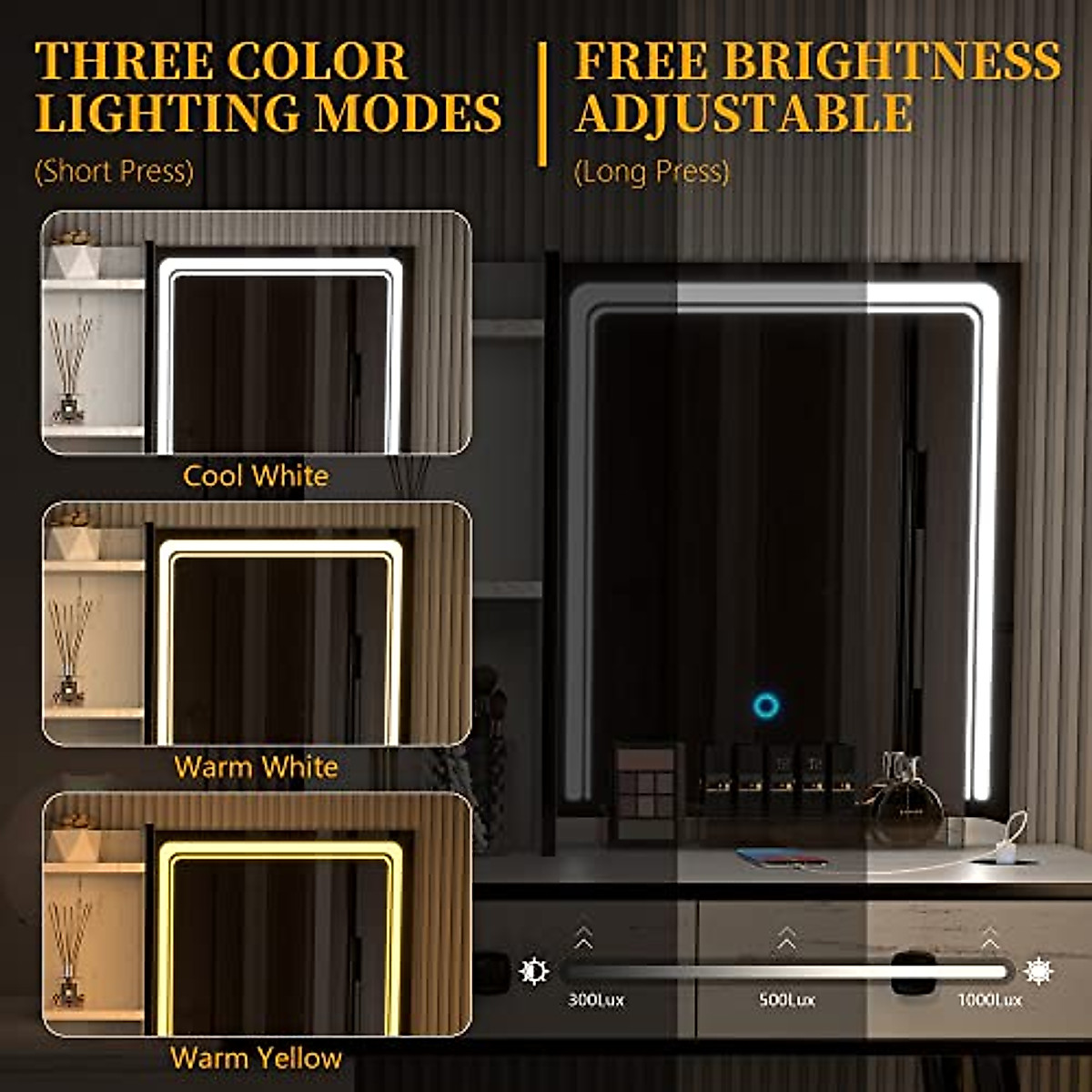 LVSOMT Vanity Desk with 3-Color Lighted Mirror, Makeup Vanity Table Set with Lights & Charging Station, 5 Drawers, Shelves, Dressing Table with Stool for Women Girls (White)