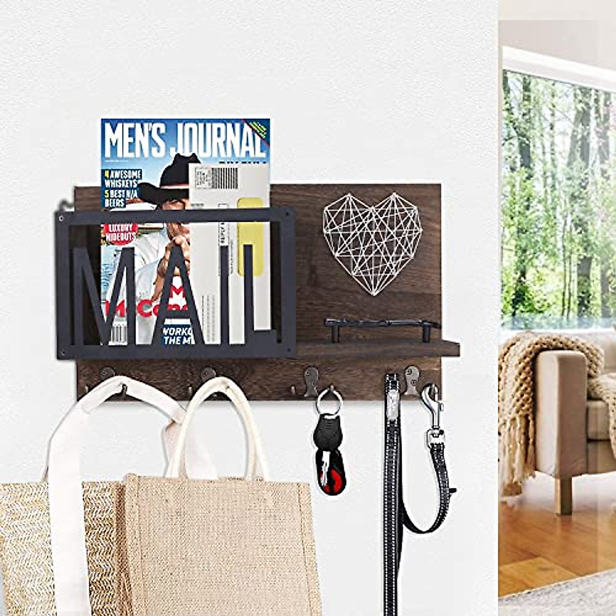 FREEDHIN Mail Organizer Wall Mount with 4 Key Hooks, Key Holder for Wall Wooden Mail Sorter Organizer and Floating Shelf Rustic Home Decor for Entryway or Mudroom (Dark Brown)