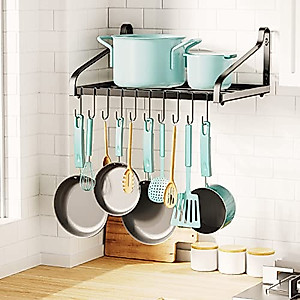 MUDEELA Hanging Pot Rack with 10 Hooks, Pots and Pans Organizer Wall Mounted Pot Organizer Rack, Wall Shelf for Kitchen Organization,Cookware, Books, Household,Bathroom