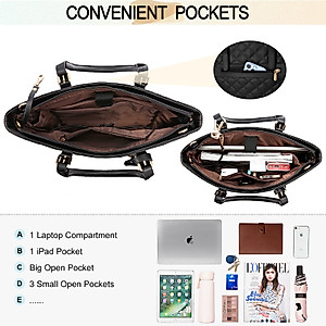 LOVEVOOK Laptop Bag for Women, Work Tote Bag Quilted Leather Computer Shoulder Bag, 15.6 inch Laptop Tote Purse Set, Waterproof Business Briefcase Handbag 2 PCS for Office,Teacher Black