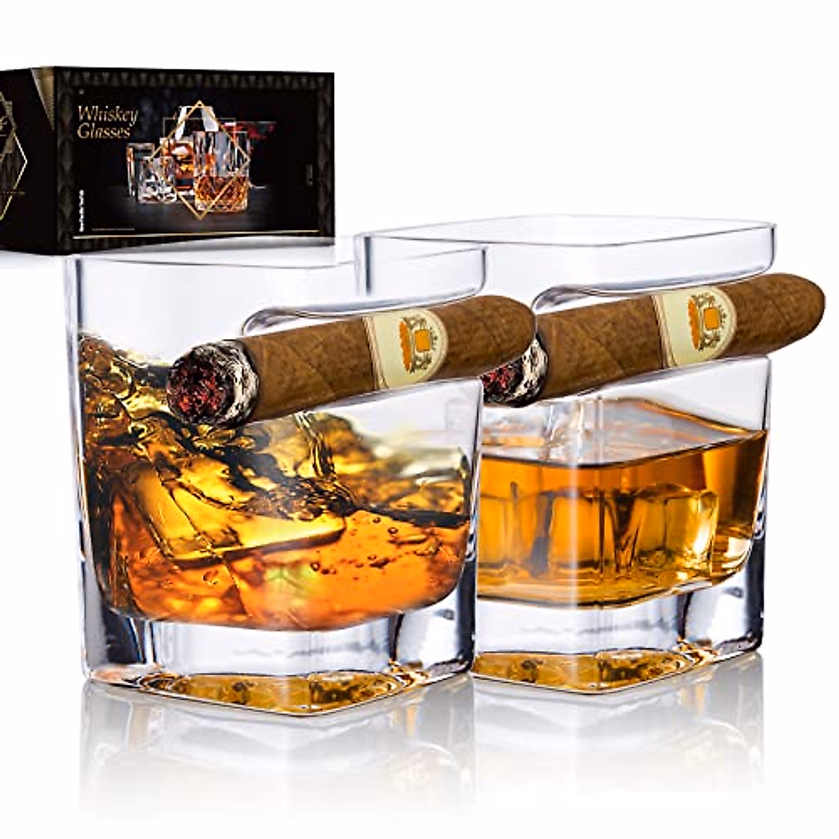 YouYah Cigar Whiskey Glasses with Cigar Holder-Set of 2,Cigar Accessories,Crystal Whisky Glass Set with Indented Cigar Rest,Premium Rocks Glass,for Brandy,Cocktail,Vodka,Bourbon,Gifts for Men(9.5oz)