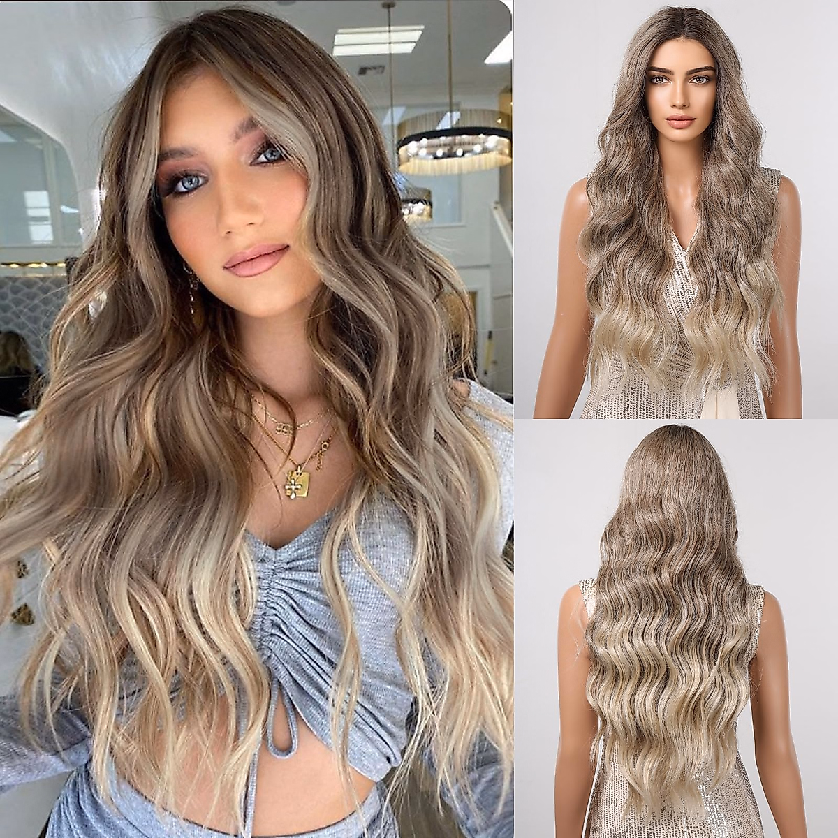 HAIRCUBE Mixed Ash Brown Wigs for Women Long Curly Layered Lace Wig Middle Part with Dark Roots
