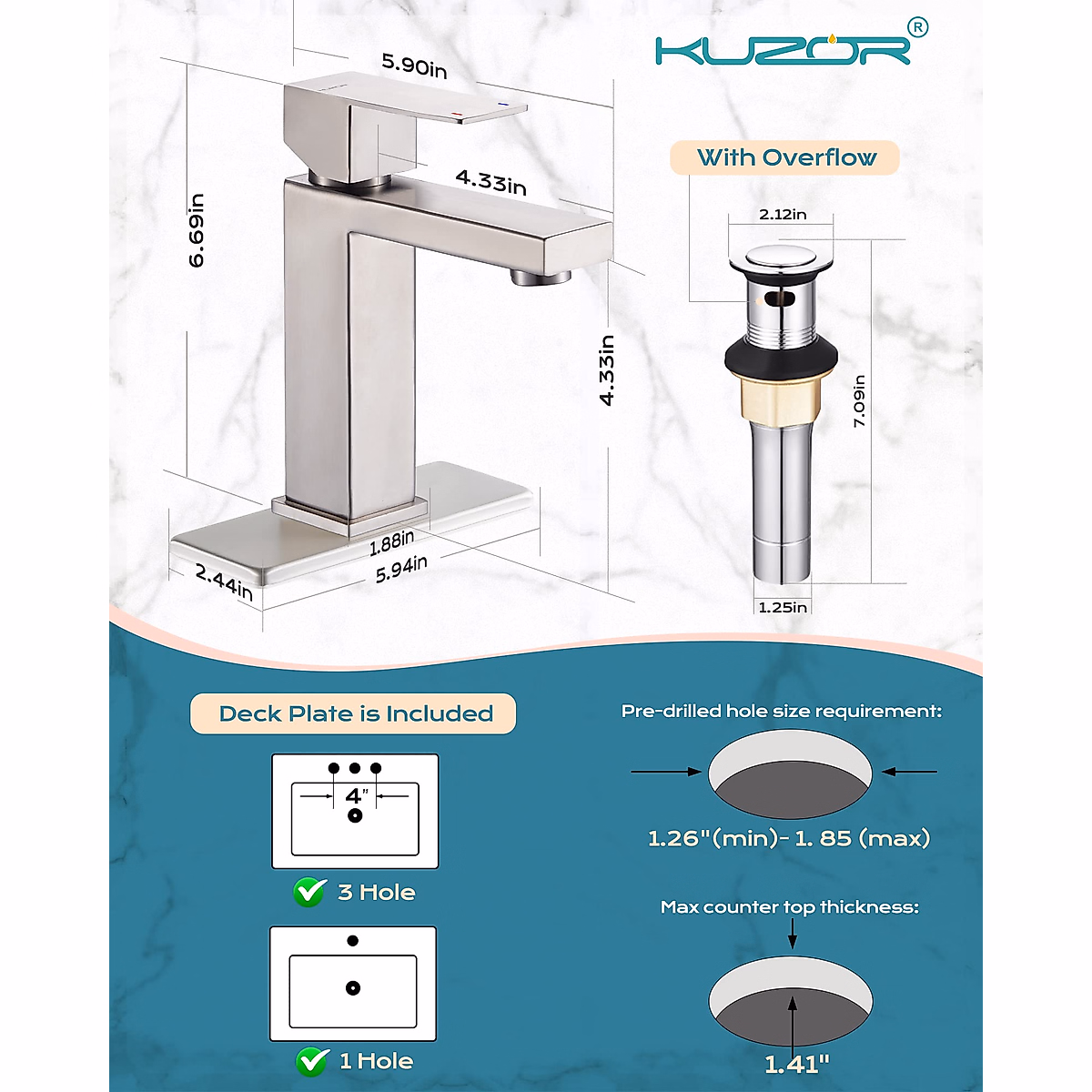 KUZOR Bathroom Faucets Single Hole, Brushed Nickel Bathroom Sink Faucet One Hole 1 Handle, 304 Stainless Steel Modern Faucet for Bathroom Sink Square