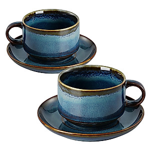 MIKIGEY Ceramics 10oz Cappuccino Cups with Sacuer, Set of 2, Coffee Cup for Au Lait, Latte, Tea, Mocha-Set of 2, Dishwasher and Microwave, Reactive Blue