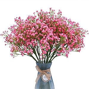NC Simulation Baby Breath Flower 12PCS, Real Touch Artificial Gypsophila Bouquet Ribbon Home Garden Office Wedding Bouquet Hair Decoration Ornaments, Pink