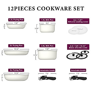 Motase 12pcs Pots and Pans Set, Nonstick Cookware Sets Detachable Handle, Induction Kitchen Cookware Set Non Stick with Removable Handle, RV Cookware Set, Oven Safe, White