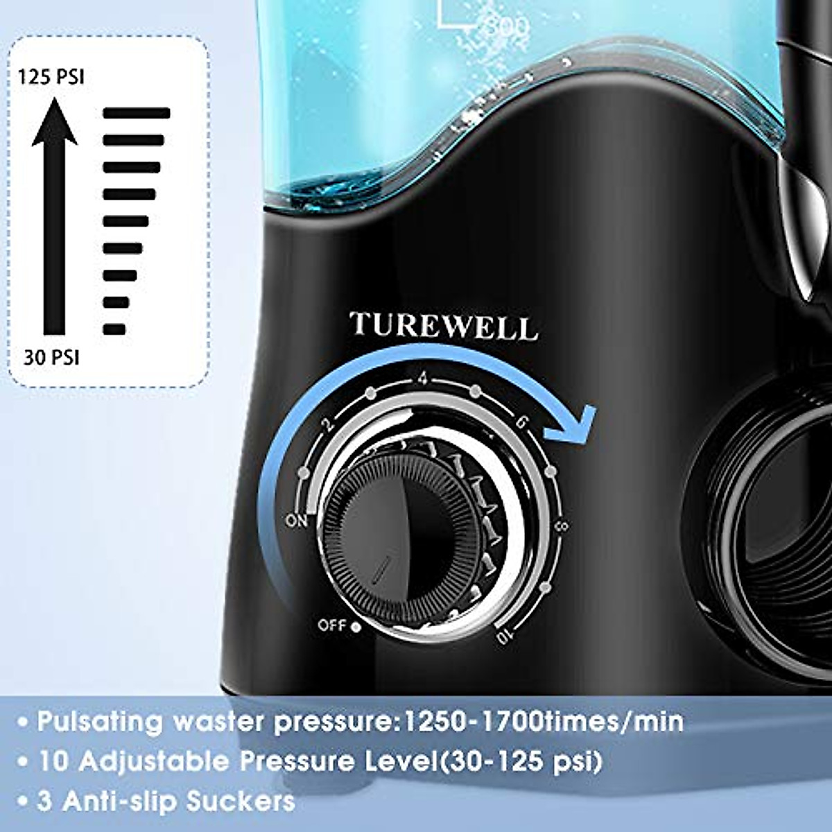 TUREWELL FC162 Water Flosser, Dental Oral Irrigator10 Adjustable Pressure Settings, Electric Water Pick, 8 Replaceable Jet Tips for Whole Families 600ml