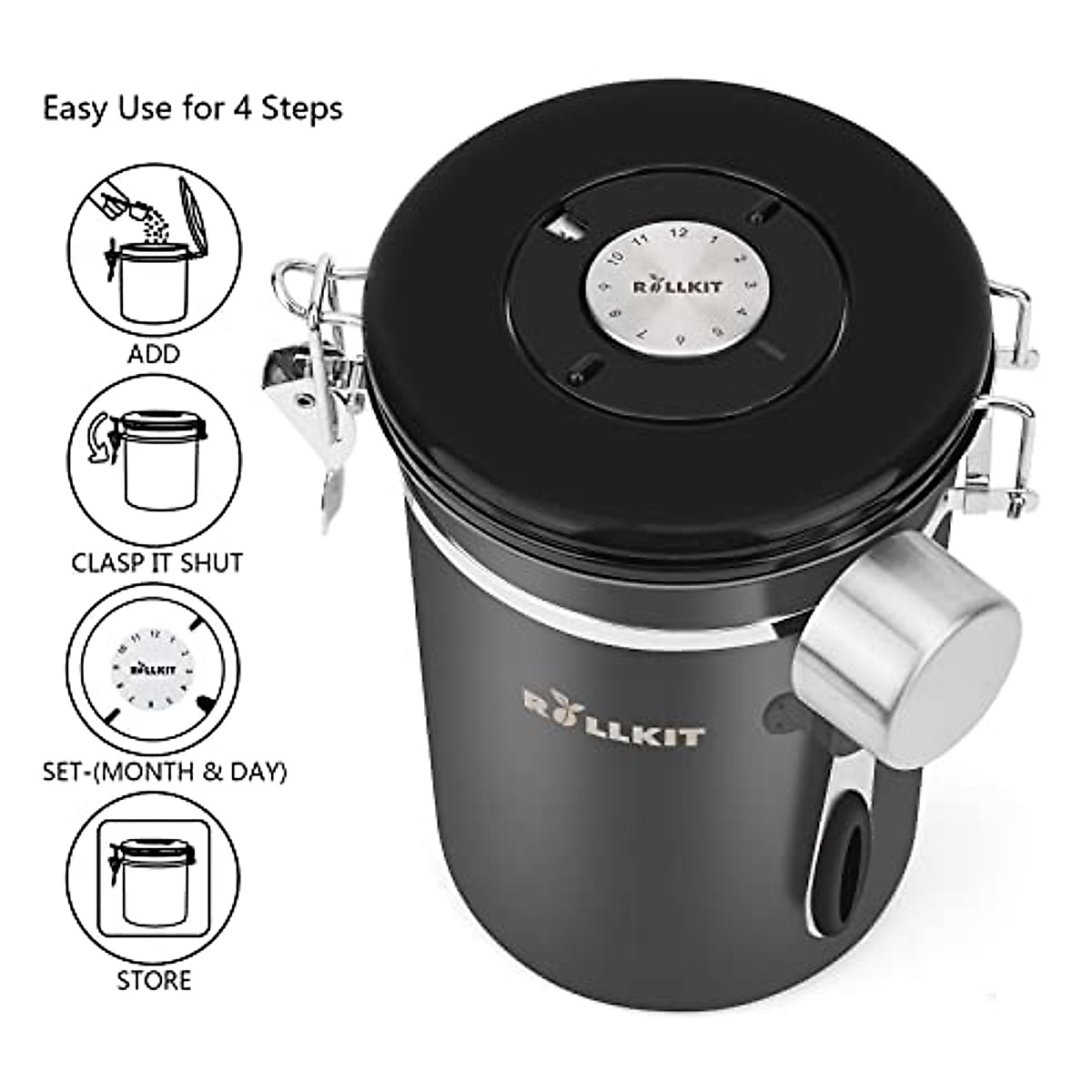 RollKit Coffee Canister Airtight Storage Containers for Beans Grounds, Stainless Steel Flavor-Saving Holder for Tea Jar w/Date Tracker, CO2 Release Valve, Airtight Lid, Scoop - Medium 16oz, Gray
