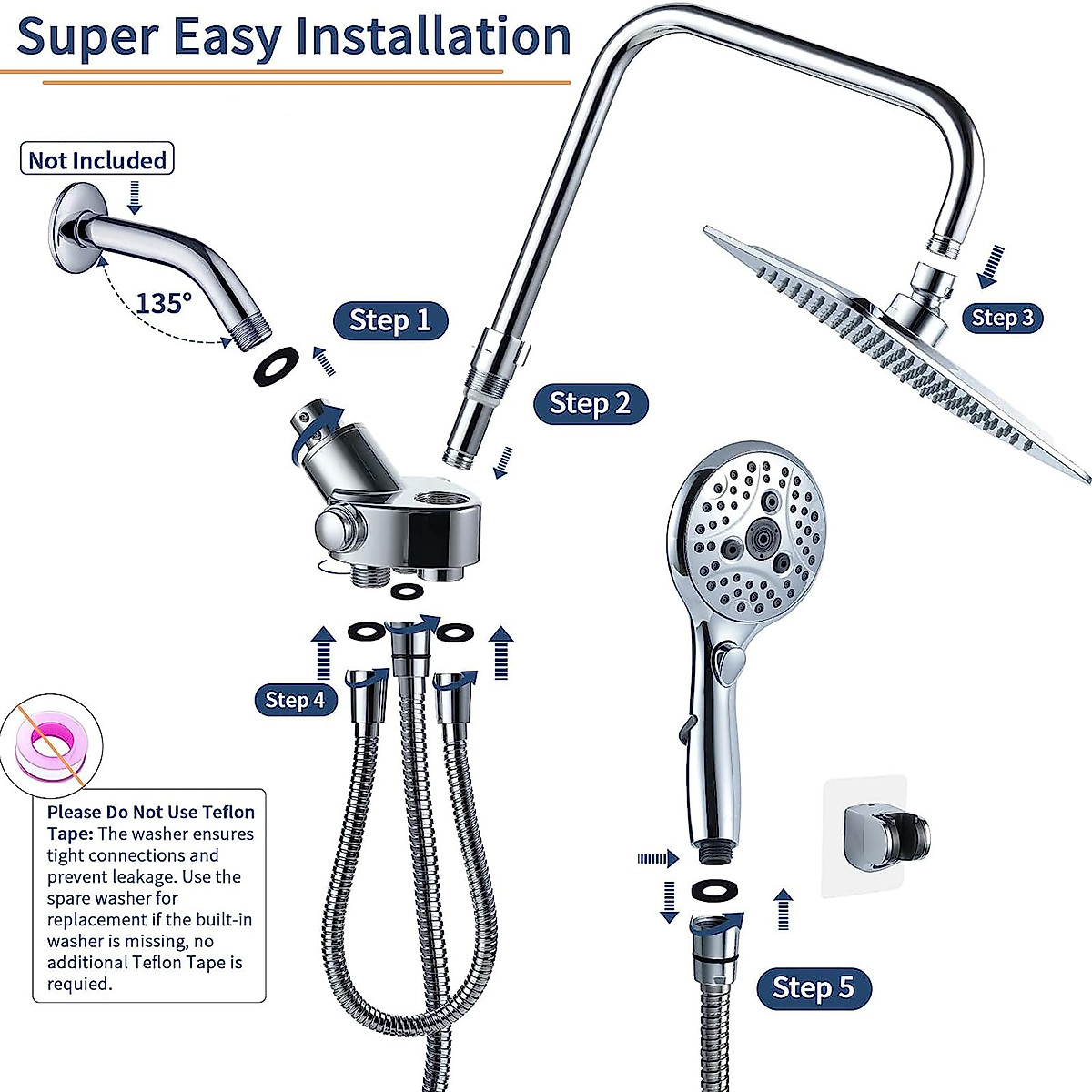 VXV Rainfall Shower Head Combo, 8'' High Pressure Rain Shower Head with 6 Function Handheld Spray, Dual Shower Head Combo with Adjustable Slide Bar, Chrome