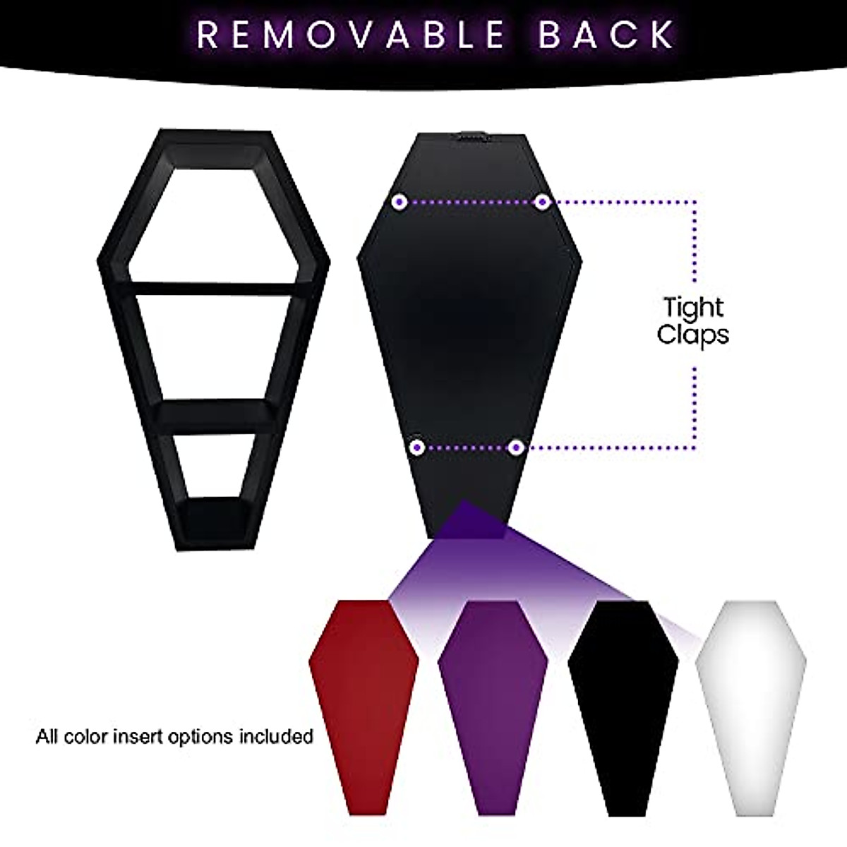 Spooky Looky Life Coffin Shelf - The Original Multiple Colors and Looks All in 1 Shelf Design - Unique Gothic Decor for The Home - Wooden Black Floating Wall Or Table top Shelf - 15" Tall by 8" Wide