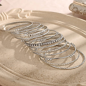 Rumtock 13pcs Boho Silver Bracelet Set for Women Girls Crystal Beads Stackable Bangle Hand Chain Punk Jewelry for Party