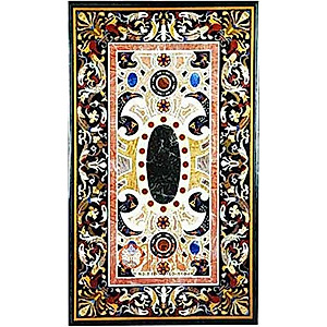 Black Top Marble Inlay Dining Hallway Table Pietra Dura Italian Design Furniture Decor | 48"x36" Inches