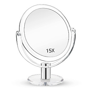 Fabuday Magnifying Makeup Mirror Double Sided - Desk Vanity Mirror with 1X & 15X Magnification, Two Way Make Up Mirror with Stand, Magnified Tabletop Cosmetic Mirror for Bathroom, Transparent