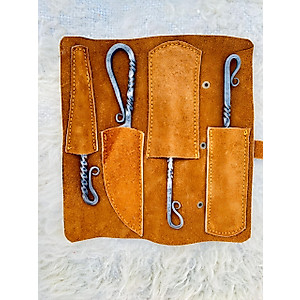 Generic Hand Forged Black Silverware Set With Leather Cover- Medieval 4 Pcs Kitchen Utensils Set, Viking Cutlery Set Knife Spoons And Forks Set- Dinnerware Sets, Kitchen Utensils And Flatware Set