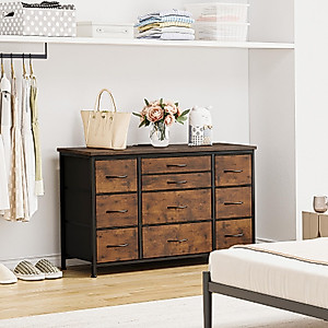 Jojoka Wide Dresser with 10 Large Drawers for 55'' Long TV Stand with Power Outlet Entertainment Center, Storage Fabric Drawer Unit for Bedroom, Closet, Entryway, Sturdy Metal Frame, Rustic Brown