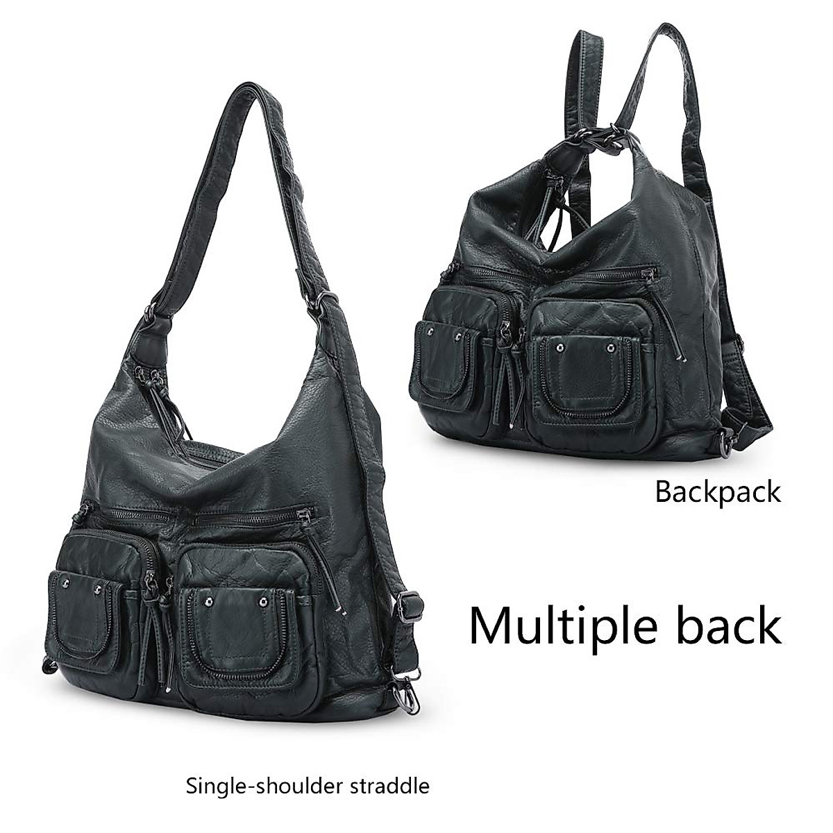 handbags & shoulder bags for woman super soft washed PU leather hobo bags multiple use woman's cross body bag backpack (Green)