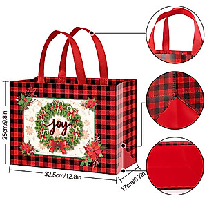 Whaline 12Pcs Christmas Plaid Large Tote Bags with Handles Reusable Red Grocery Shopping Bag Non-Woven Bags Black Green Lattice Gift Bag Truck Wreath Waterproof Party Treat Goodie Bag for Favors