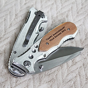 Anniversary Gift For Men Custom Engraved I Love You More Wood Handle Folding Pocket Knife (Stainless Steel)