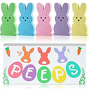 6 Pieces Easter Decor Wooden Bunny Tiered Tray Decoration Peeps Bunny Table Wooden Signs Shiny Spring Rabbit Shape Wood Tabletop Decor Craft Tags Easter Peeps Wooden Signs for Easter Spring Party Desk
