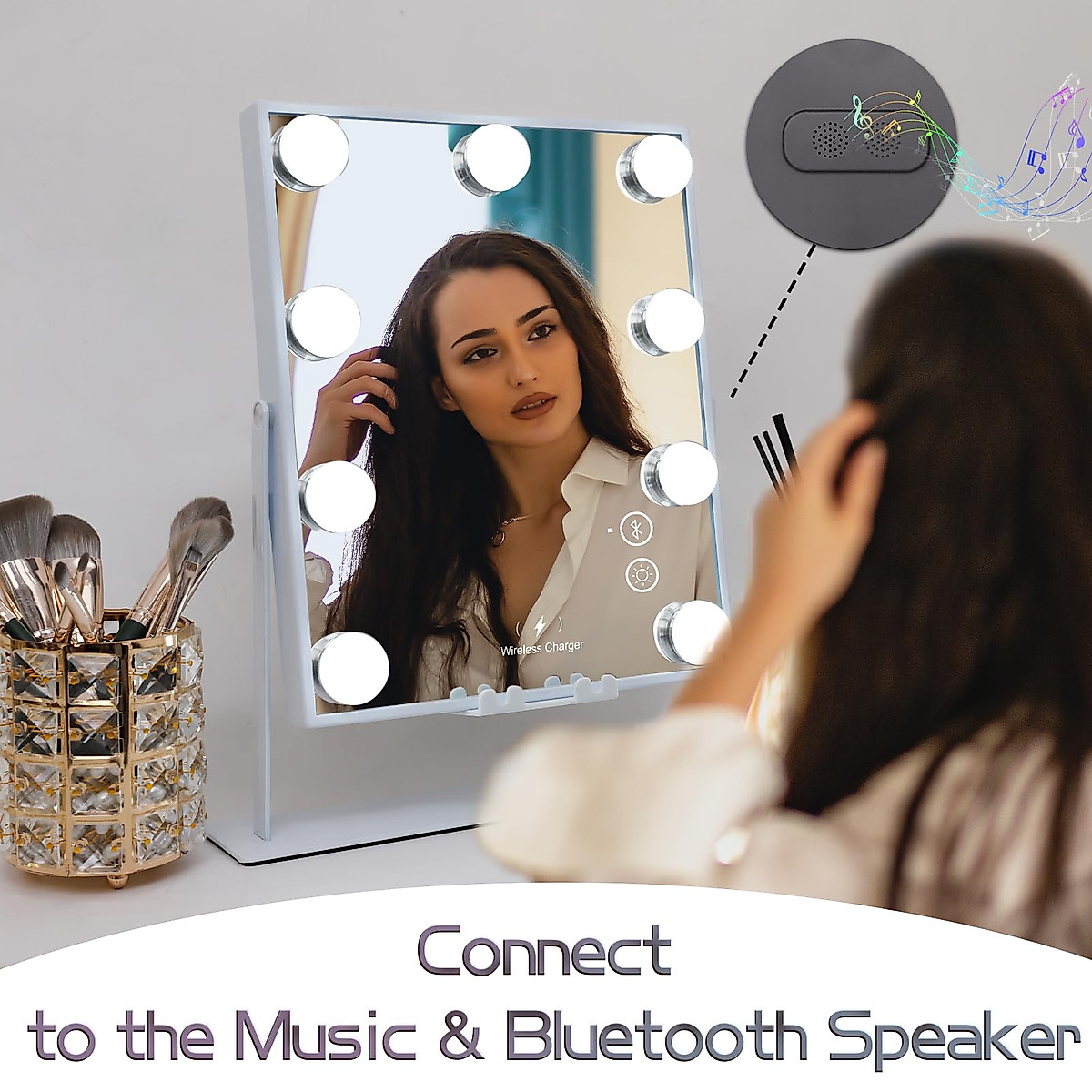 MISAVANITY Hollywood Vanity Mirror with Wireless Charging and Speaker 9.84" x11.81" Lighted Makeup Vanity Mirror with 9 Bulbs 360 Rotation 10X Magnification 3 Color Lighting Modes Mirror, White