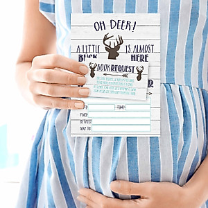 Hadley Designs Deer Baby Shower Invitation set-50 Invitations & 25 Book Request Inserts Include Sprinkle Invites for a Boy and Bring A Book Instead of A Card, Guest Book Alternative