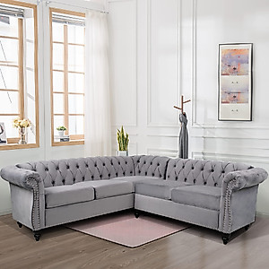 RARZOE Chesterfield L Shaped Sectional Sofa, Deep Button Tufted Velvet Sofa, Upholstered Rolled Arm Classic Chesterfield Settee Sofa, Modern 5 Seater Couch Furniture for Living Room, Grey