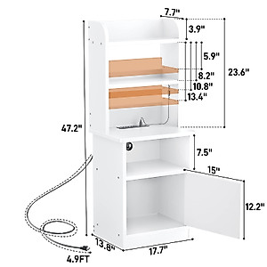 Tall Nightstands Set of 2 with Charging Station and LED Lights - 47" Tall Bedside Table with Adjustable Bookshelf, Industrial End Table Side Table with Storage Cabinet for Home Office, White