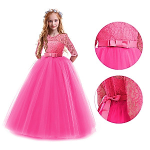 Spring Flower Girl Wedding Bridesmaid 3/4 Sleeves Kids Floral Lace Pageant Communion Princess Dress Prom Evening Dance Gown Hot Pink 7-8 Years