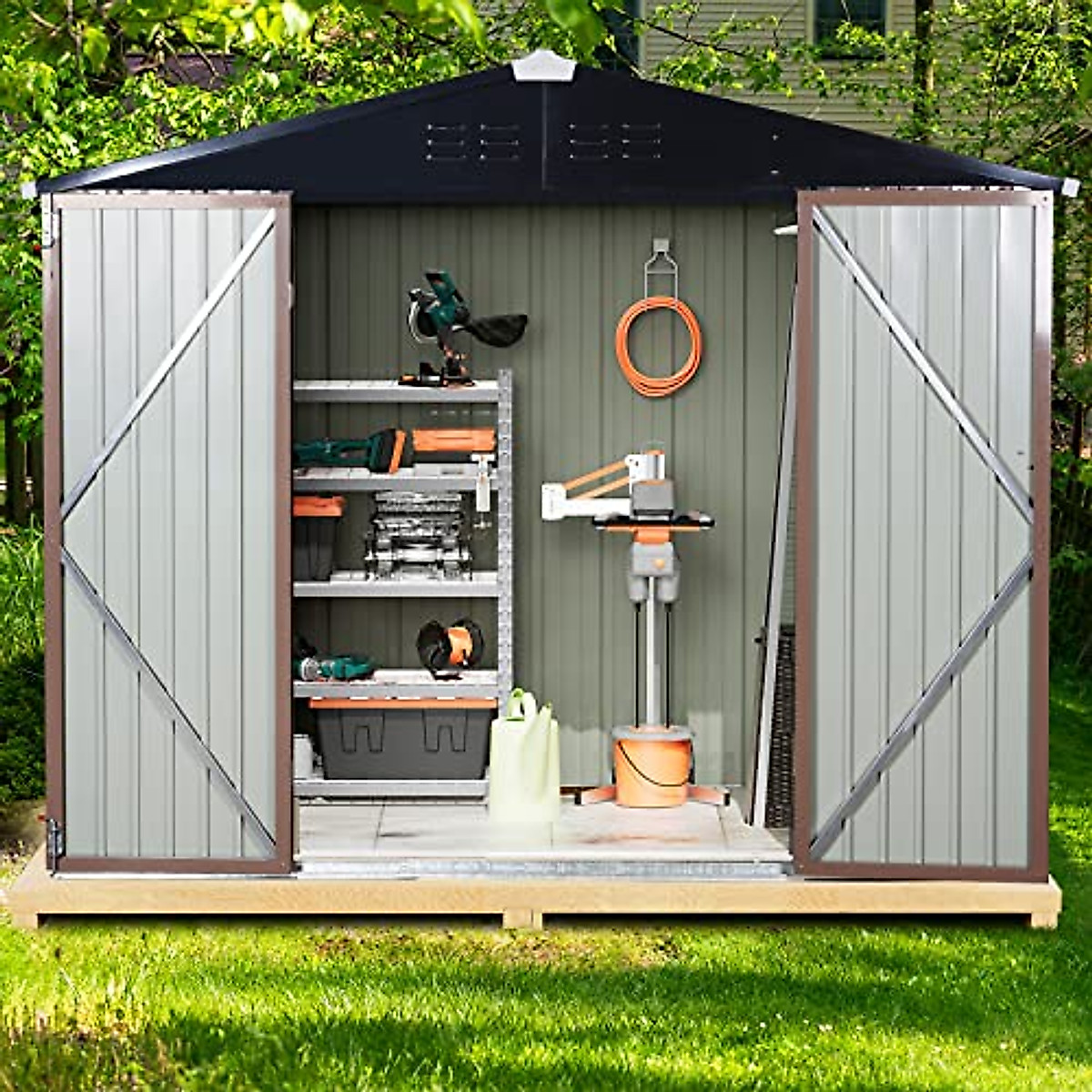 Polar Aurora 8 x 6 FT Outdoor Metal Storage Shed, Steel Garden Shed with Double Lockable Door, Tool Storage Shed for Backyard, Patio & Lawn