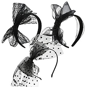 Hicarer 3 Pieces 80's Black Lace Headband with Bow 80s Theme Costumes Party Accessories Neon Lace Bow Headband for Women(Black)
