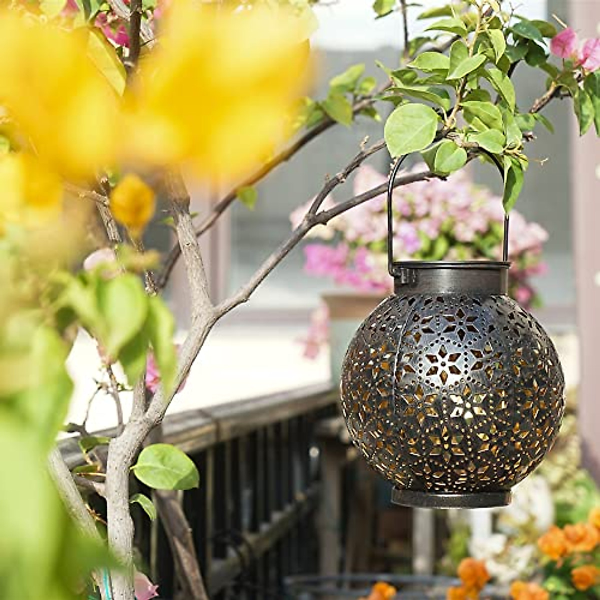 2 Pack Solar Lanterns Outdoor Waterproof Hanging Metal LED Decorative for Patio Garden Courtyard Lawn and Tabletop，Black