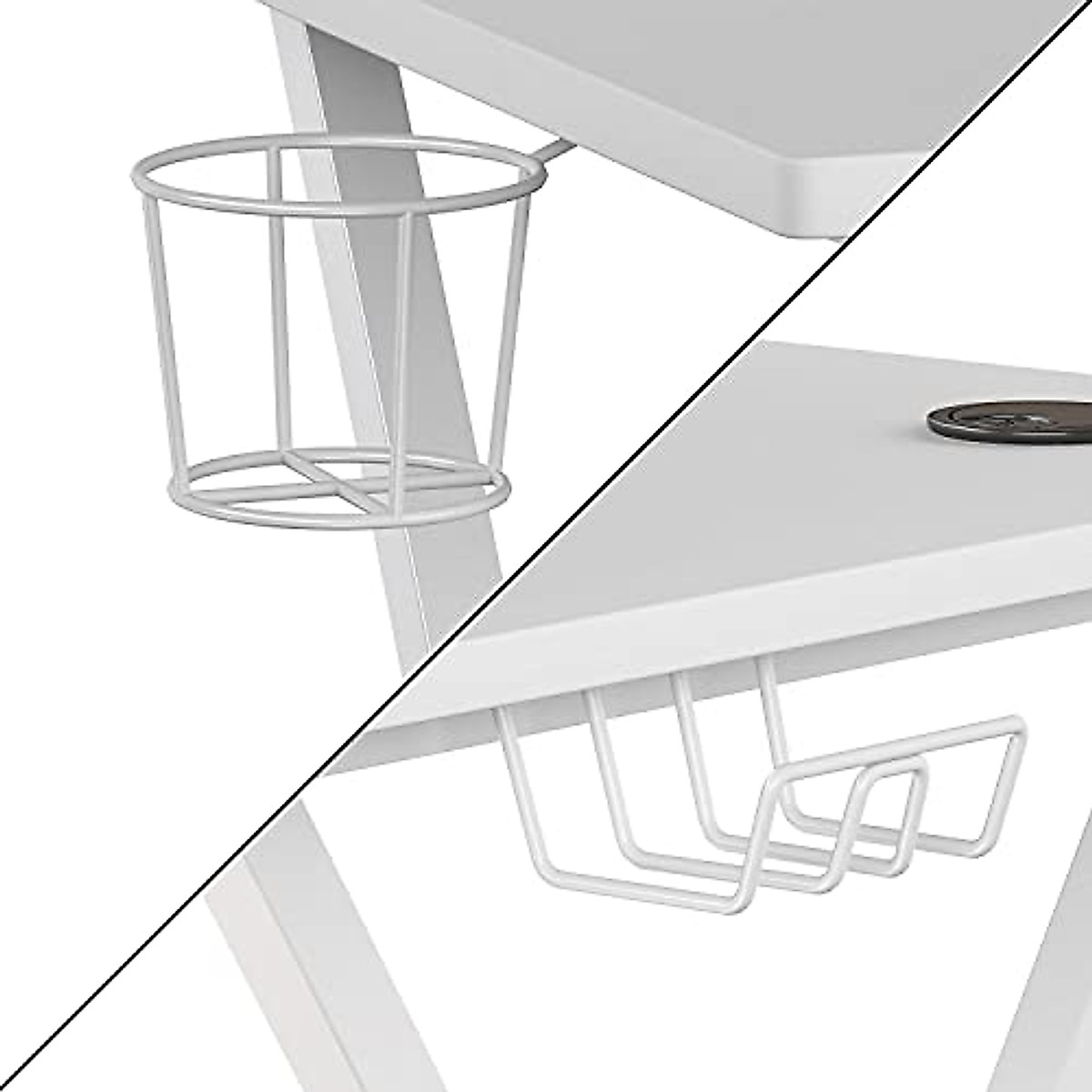 EMMA + OLIVER White Gaming Desk-Cup Holder, Headphone Hook, Monitor/Smartphone Stand