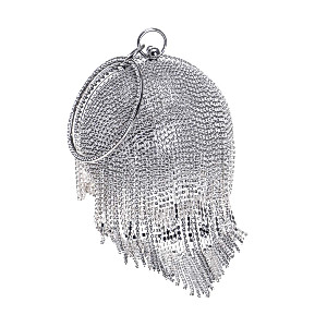 Flada Round Ball Clutch Purse Women Crystal Evening Bag Tassel Wedding Party Handbag, Silver, Small