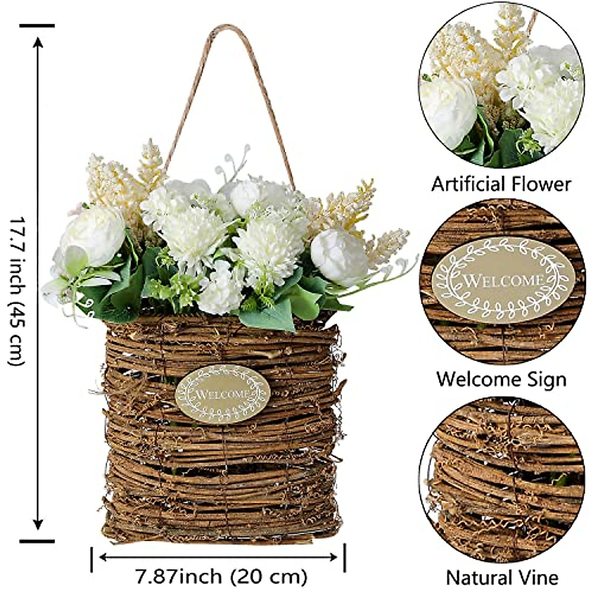 Spring Wreath Spring Front Door Decor Spring Flowers Basket Spring Welcome Sign Porch Farmhouse Spring Artificial Flowers Wedding Home Decor (White)