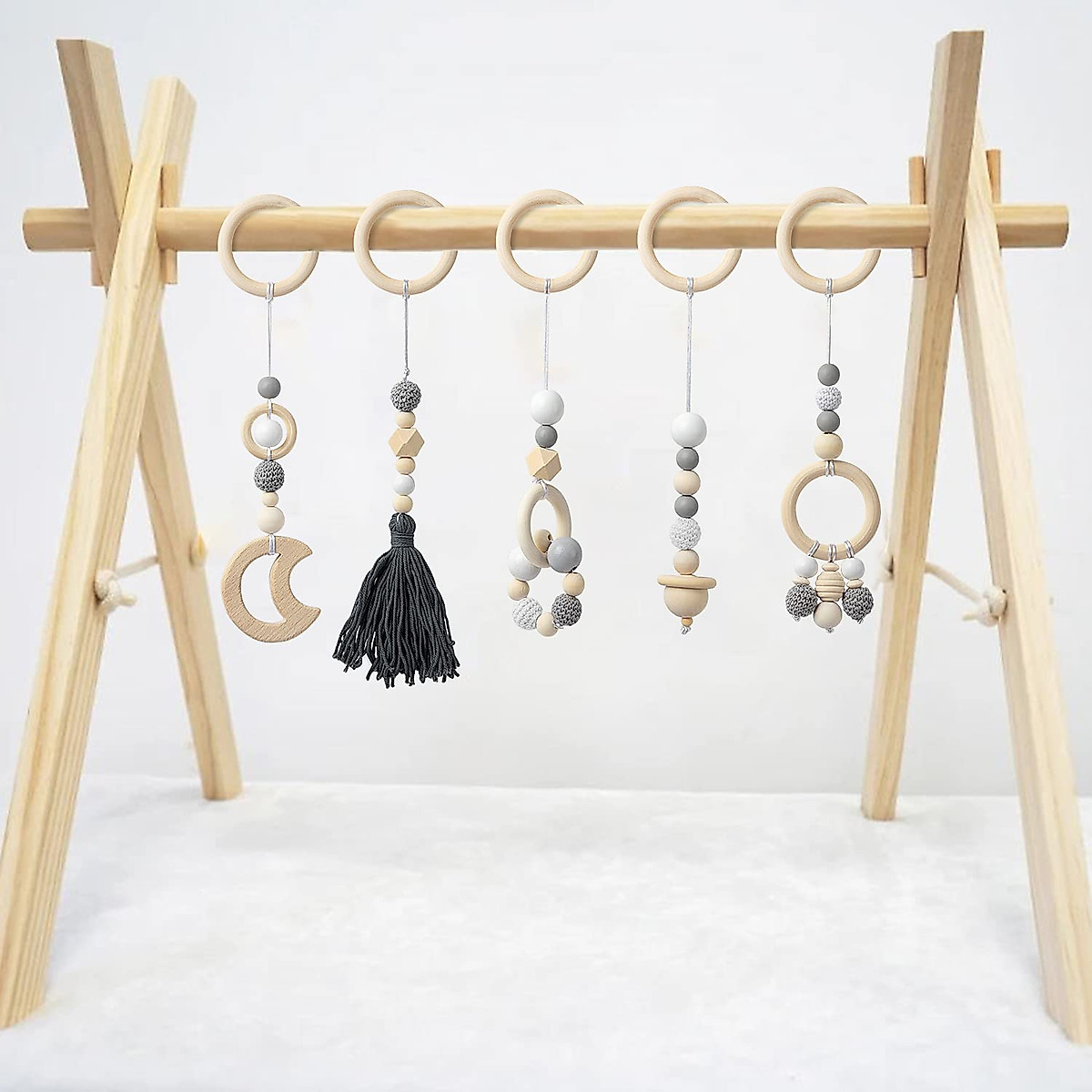 R HORSE 5 Baby Play Gym Toy Set Wooden Hanging Toy for Infant Play Activity Gym Wooden Nursing Pendant Gym Rattles Toy Sensory Birthday Shower Gifts Toys for Newborn Gift