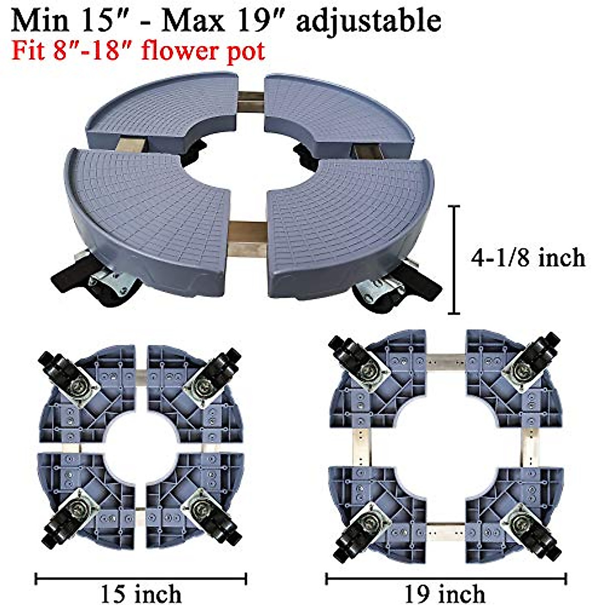CASIMR Plant Caddy with Wheels, Heavy Duty 440lbs Capacity Rolling Plant Stand, 15-19 Inch Adjustable Indoor Outdoor Plant Dolly, Round Plant Roller Base Flower Pot Rack Holder Trolley Casters Tray