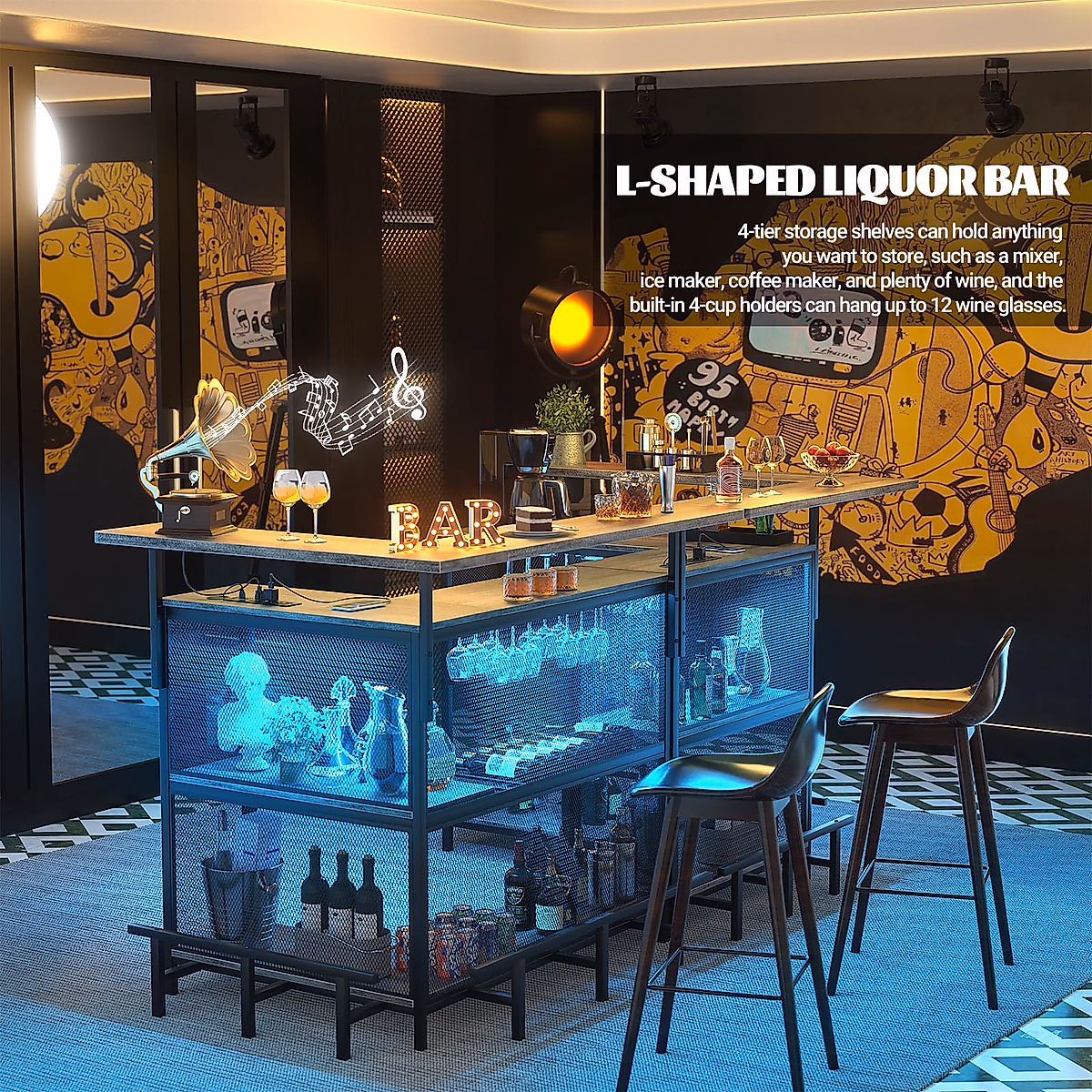 Hyomdeck L Shaped Home Bar with Power Outlet & LED Light, Corner Bar Cabinet with Footrest, Liquor Cabinet with Wine Glass Rack, Coffee Bar Table with Storage for Home Kitchen, Dining Room, Light Oak