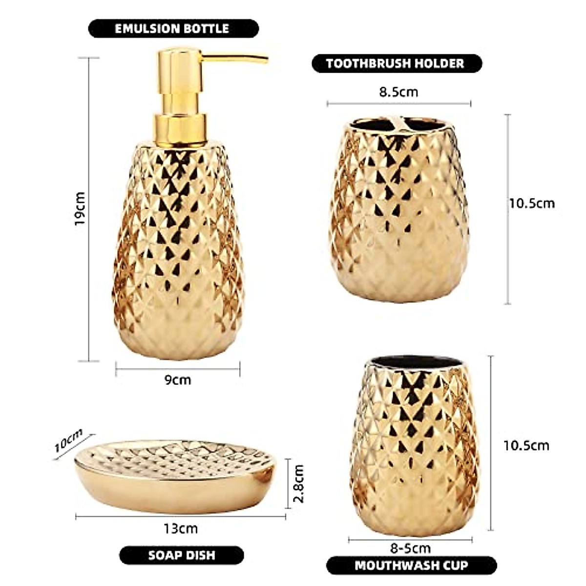 Ceramic Bathroom Accessories Set 4 Piece Contain Toothbrush Holder, Tumbler, Soap Dispenser, Soap Dish, Accessories para baño for Restroom Apartment Bathroom Decor Stuff and Gift Set （Gold）