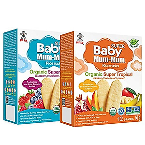 Baby Mum-Mum Super Organic Rice Rusks, 2 Flavor Variety Pack, 24 Pieces Per Box (Pack of 4): Super Tropical & Super Berries Gluten Free, Allergen Free, Non-GMO, Rice Teether (Berries & Tropical)